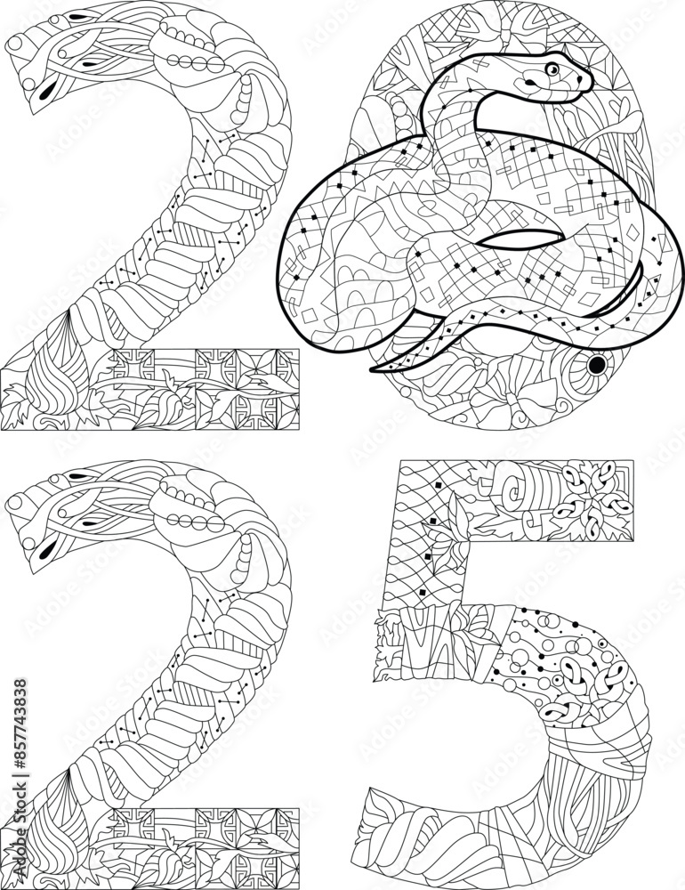 Zentangle stylized snake number 2025 for coloring pages. Hand Drawn ...