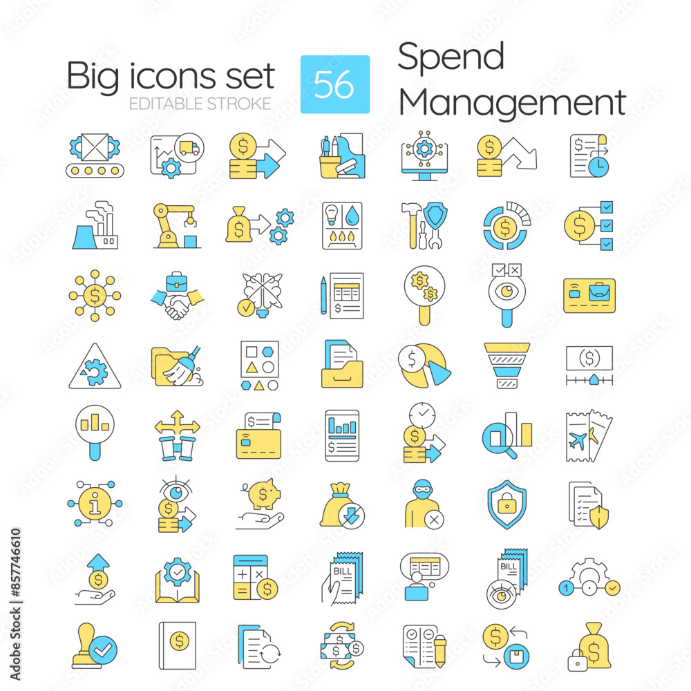 Spend management RGB color icons set. Strategic procurement, expense ...