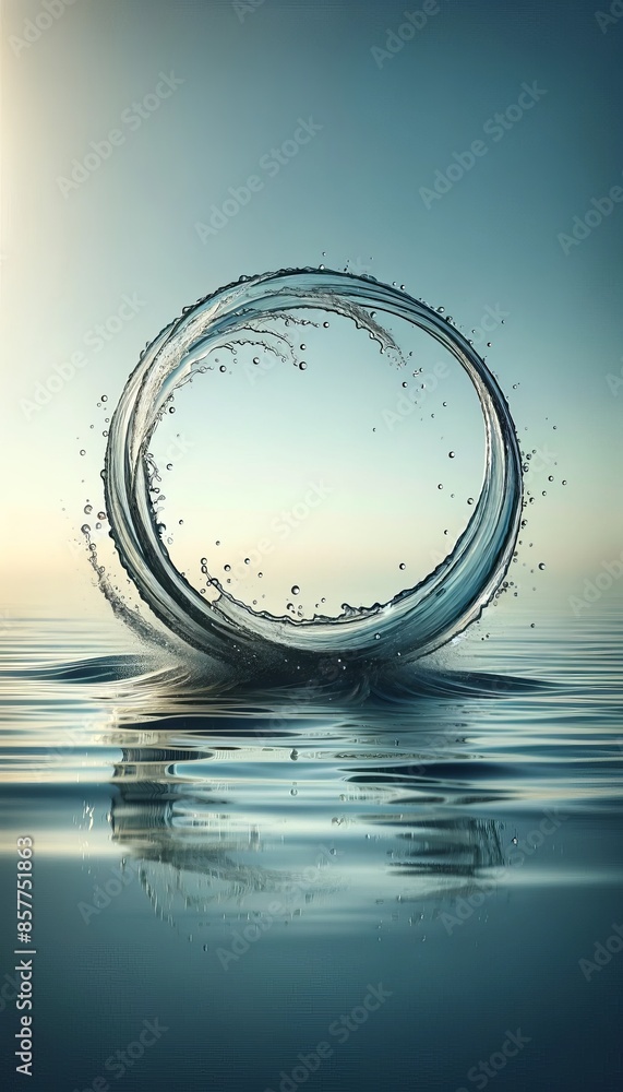 circular water splash suspended above a calm water surface. The splash ...