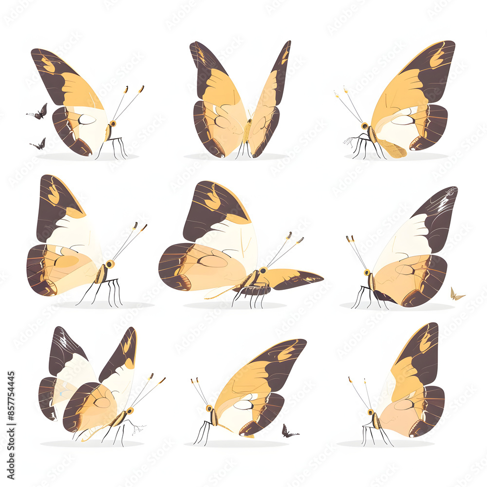 set of simple minimalistic flat style of beige and yellow butterfly ...