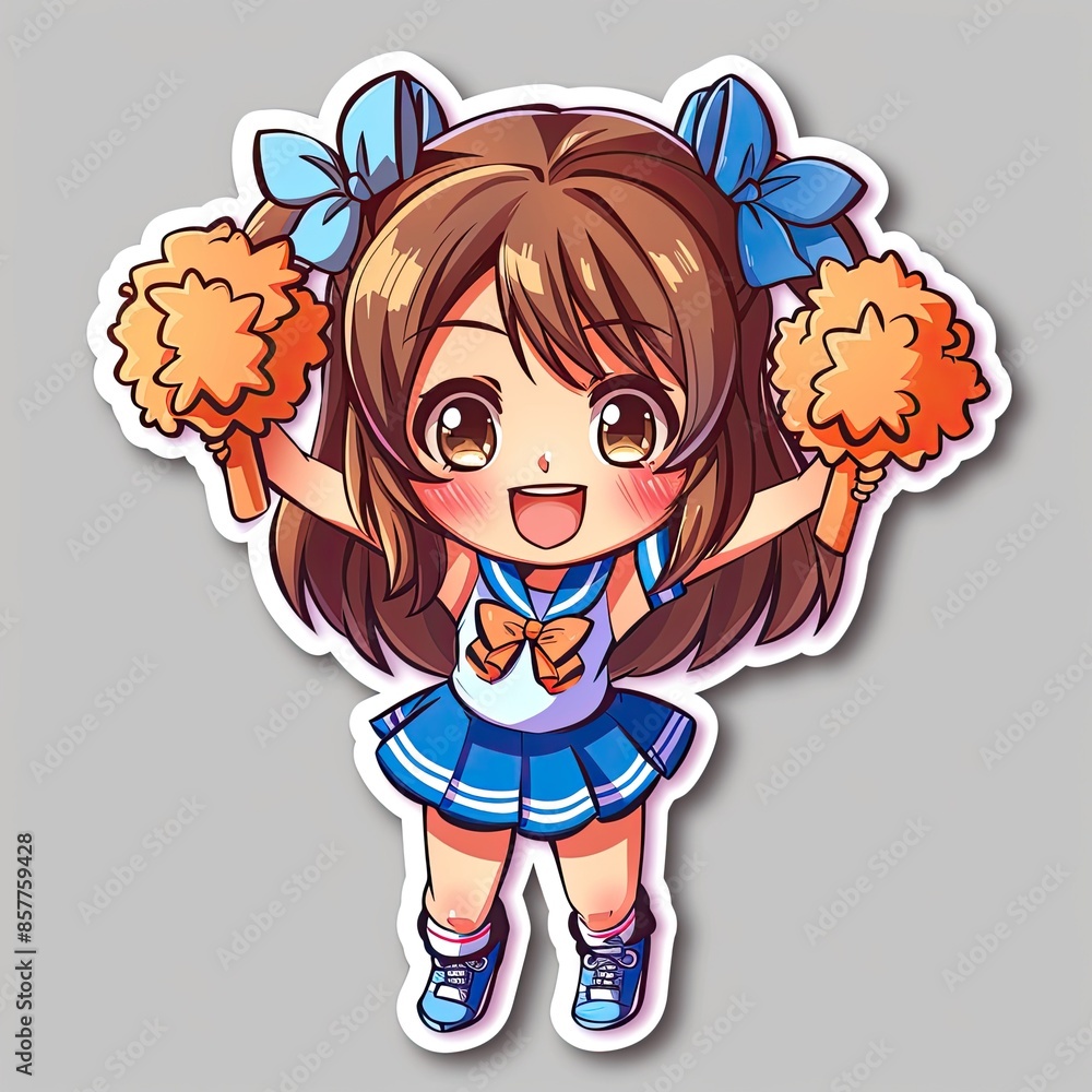 sticker logo of Chibi Cheerful cheerleader with pom-poms, Die cut ...
