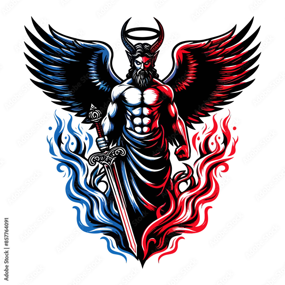 Greek god body demon with wings and sword black color red and blue ...