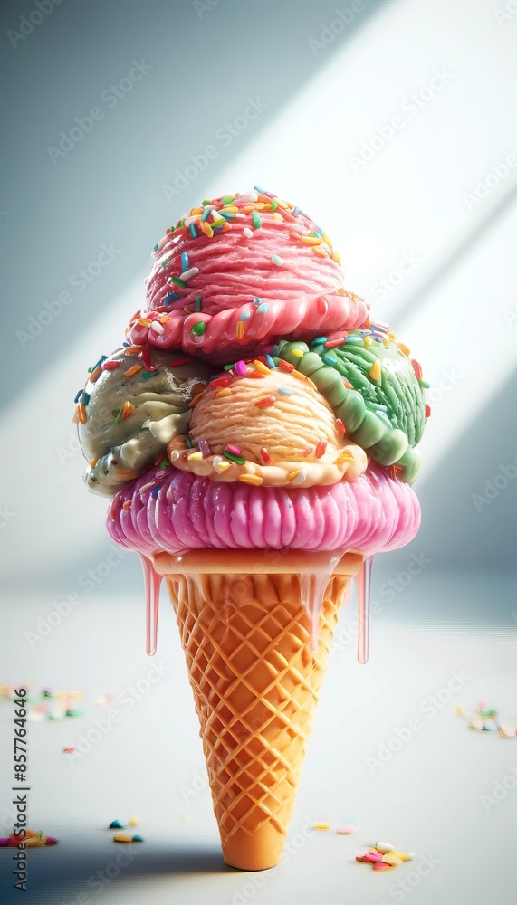 colorful ice cream cone with multiple scoops and toppings including ...