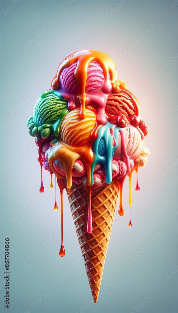 colorful ice cream cone with multiple scoops and toppings including ...