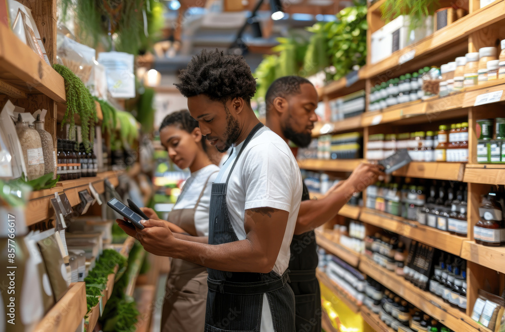 An attractive black male manager with an apron is working in the organi ...