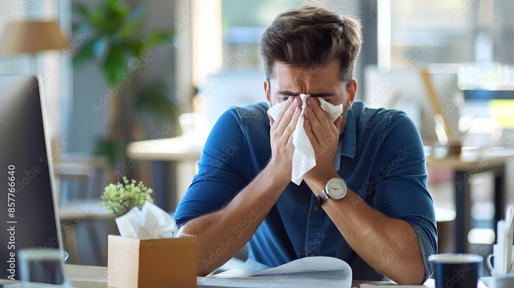 Sick Employee Coughing at Their Desk with Tissues Nearby in a Corporate ...