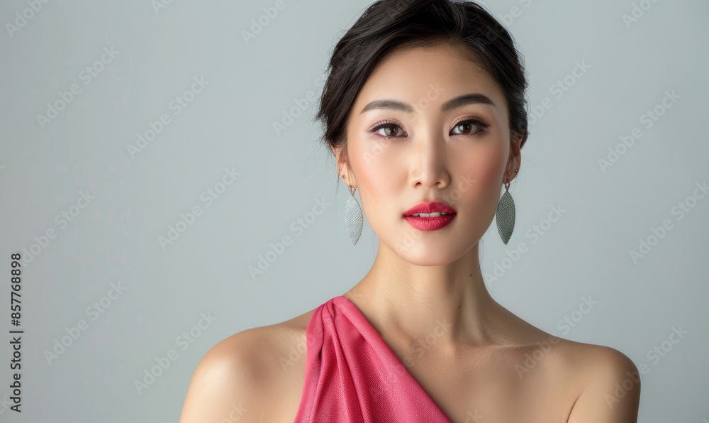 Beautiful Asian woman with an elegant hairstyle and a pink dress ...