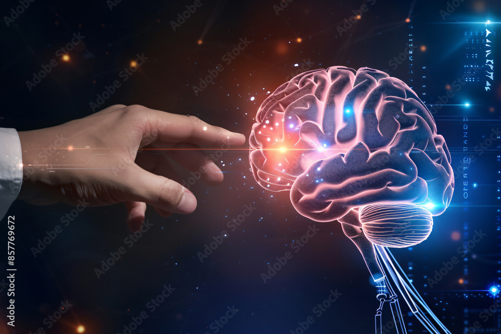 Digital brain with holographic finger touching, hand pointing on ...