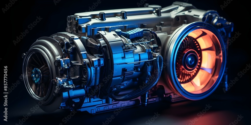 Diesel turbo engine with twinturbine assemblies against dark background ...
