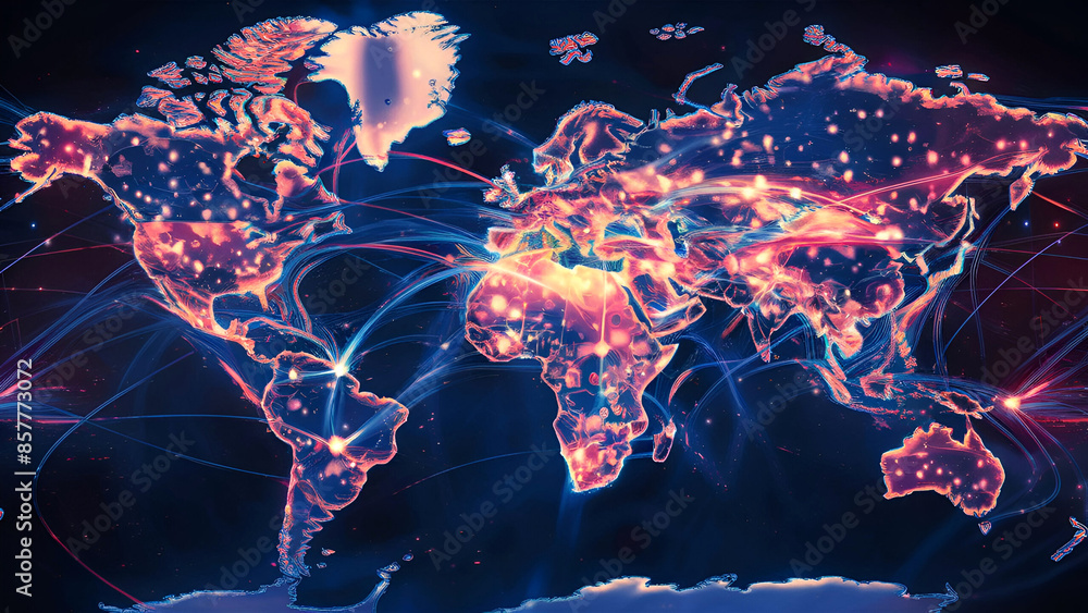 International digital network routes spanning a world map with radiant ...