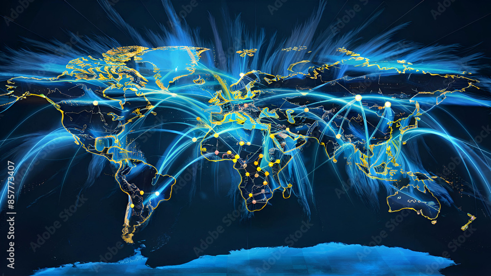 International digital network routes spanning a world map with radiant ...