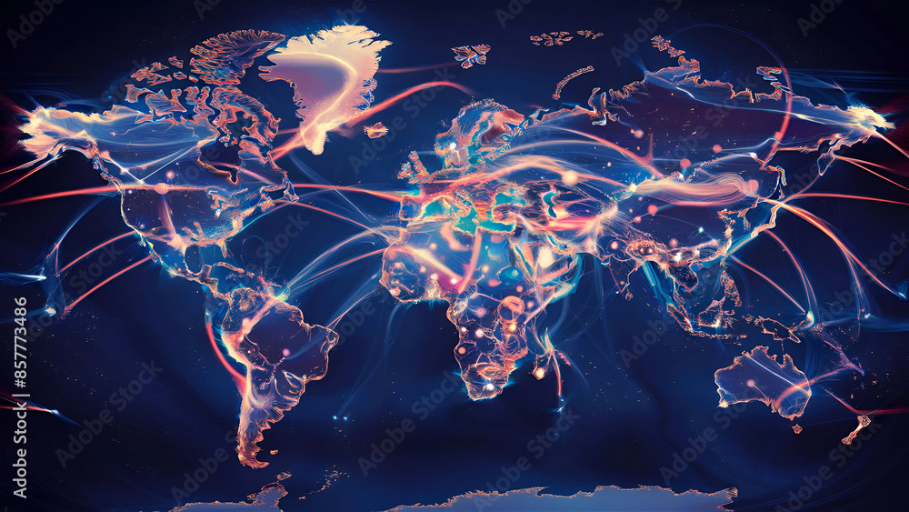 International digital network routes spanning a world map with radiant ...