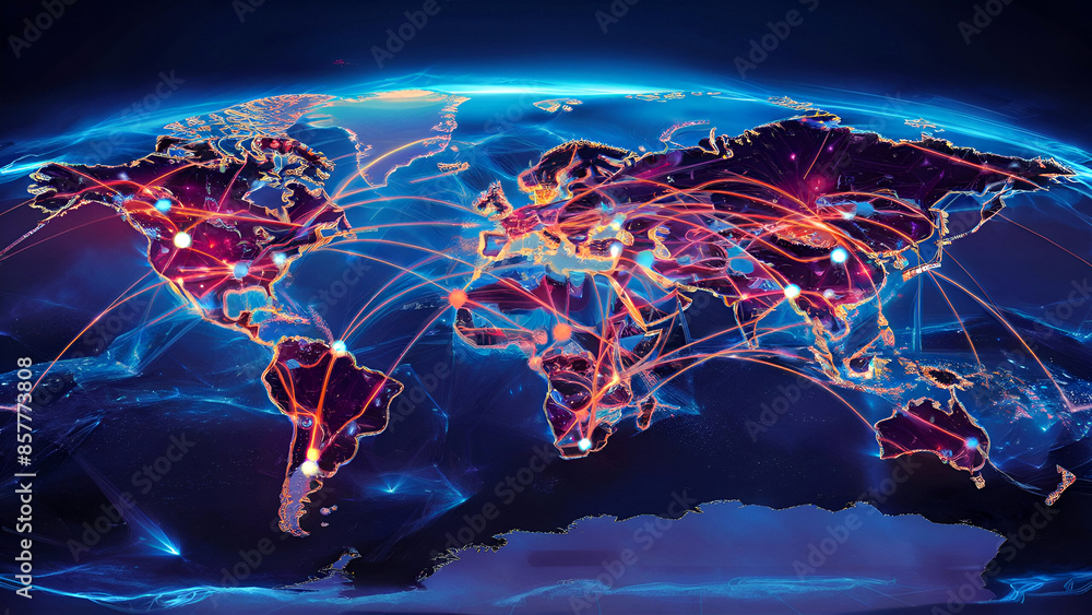 Global online network pathways across an atlas with glowing markers and ...