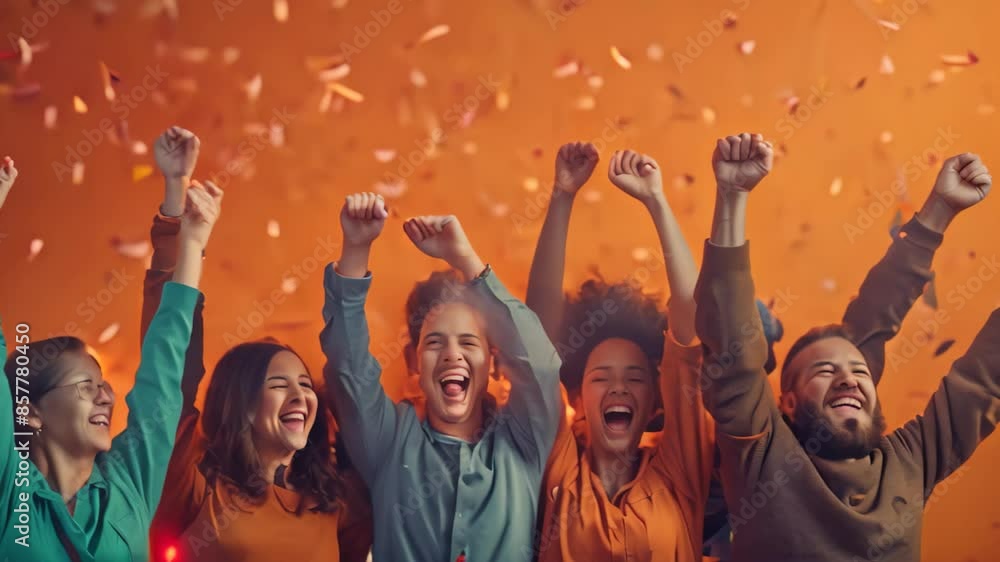 Diverse group of people celebrating together, throwing confetti in the ...