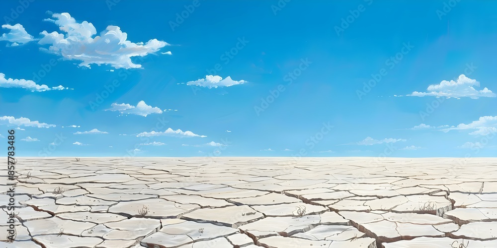 Cartoon-style oil painting depicting cracked, parched earth in a desert ...