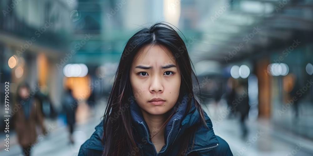 Unhappy young Asian woman feeling excluded and bullied in a fictional ...