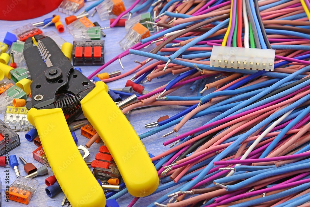 Tools for the installation of electrical panels. Close-up. Soft focus ...