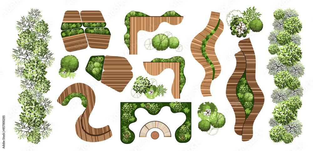 Top view elements for the landscape design plan. Trees and benches for ...