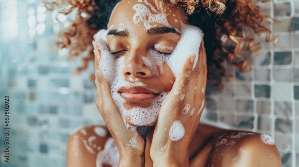 Woman washing face with foaming cleanser in the bathroom, eyes closed ...
