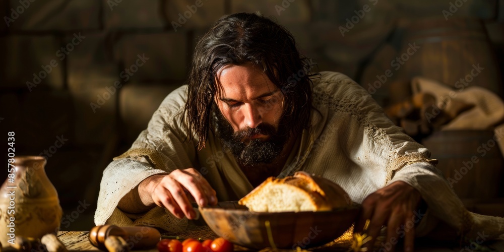 Jesus Christ Blessing the Bread and Wine, Breaking the Bread at the Last Supper Stock Photo ...