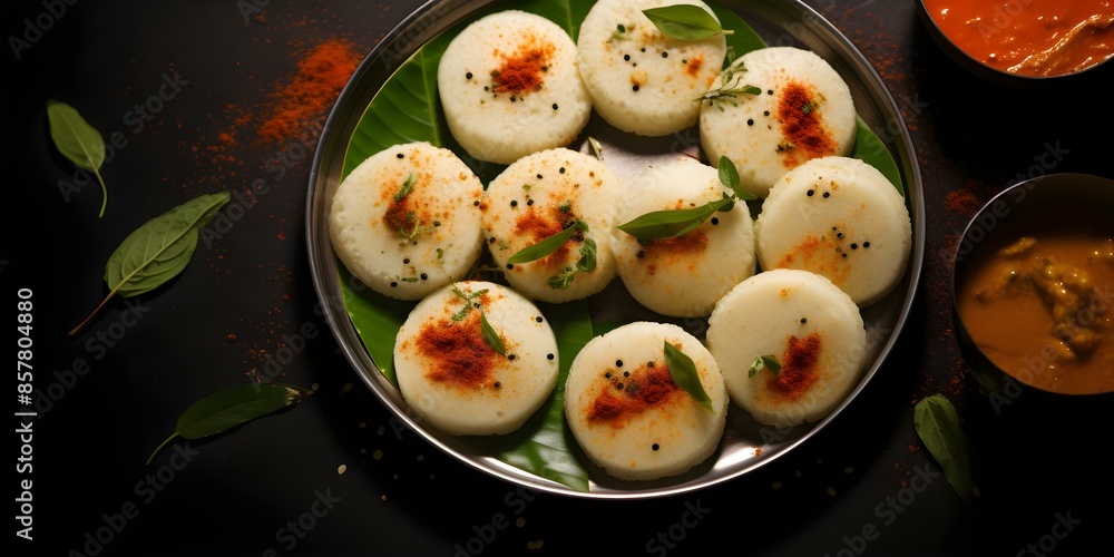 Top view of idli and sambar traditional South Indian cuisine on dark ...