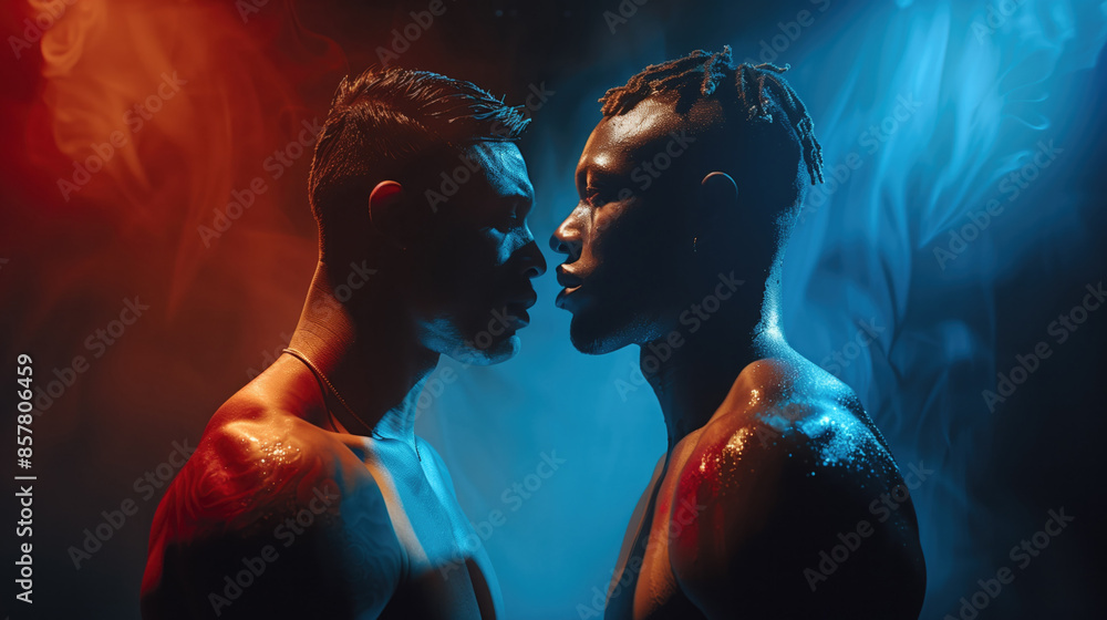 Two muscular men facing each other with intense expressions in a ...