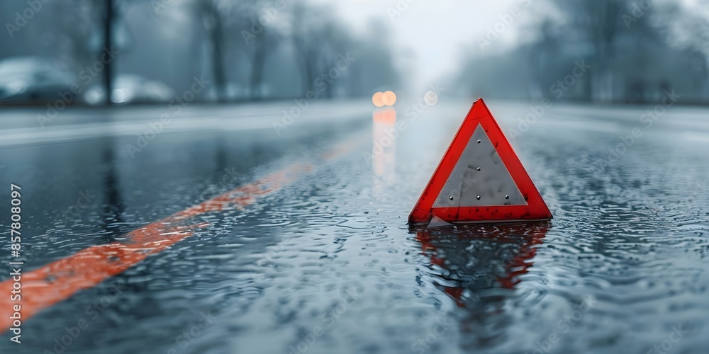 Red wet road sign with triangle shape symbolizing road safety. Concept ...