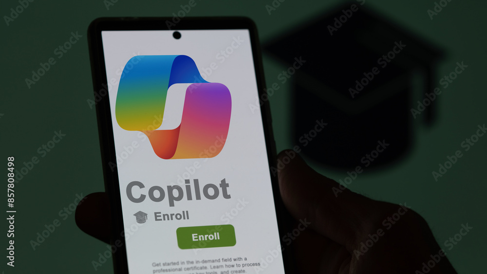 June 2024. Student enrolls to Copilot certification program on a phone ...