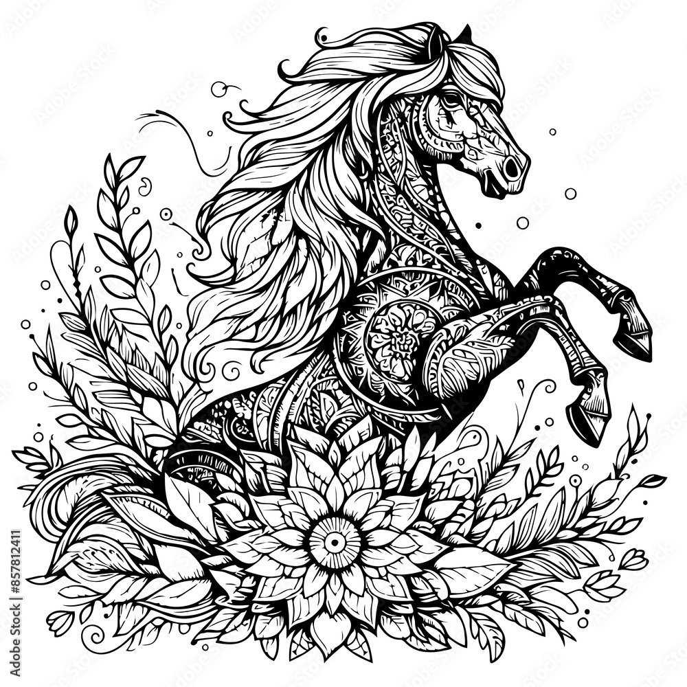 Floral Horse Adult Coloring Page Patterned Rearing Horse Coloring Page ...