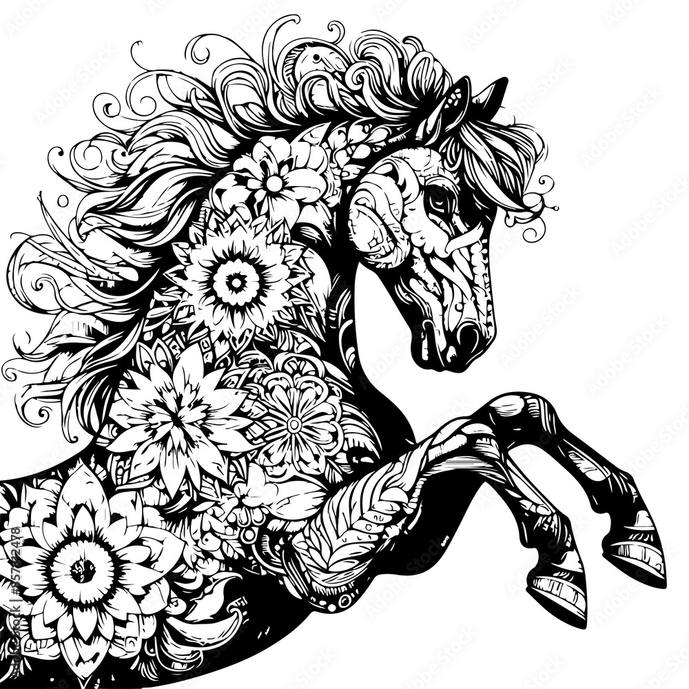 Floral Horse Adult Coloring Page Patterned Rearing Horse Coloring Page ...