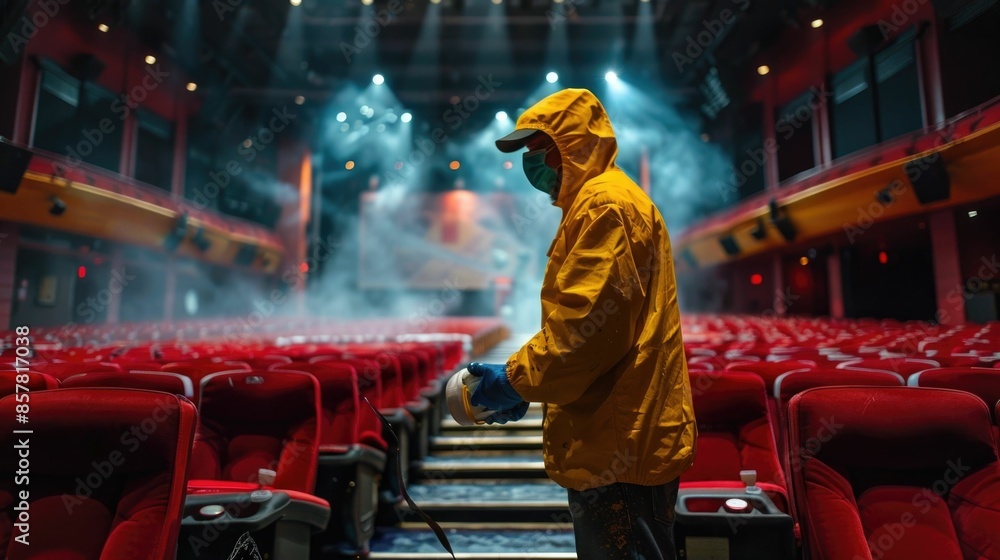 Hardworking cinema employee in uniform thoroughly cleaning and tidying ...