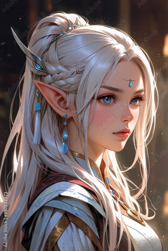 Elegant high elf priestess with silver hair. serene expression ...