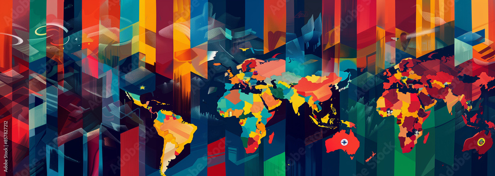 Abstract World Map with Olympic Theme. This vibrant digital artwork ...