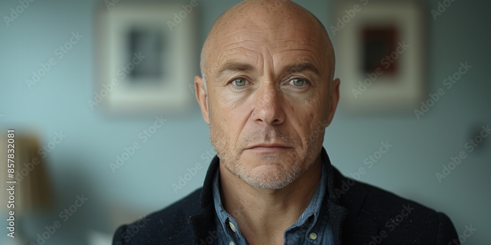An emotionless or shocked man is starring straight ahead comteplating ...