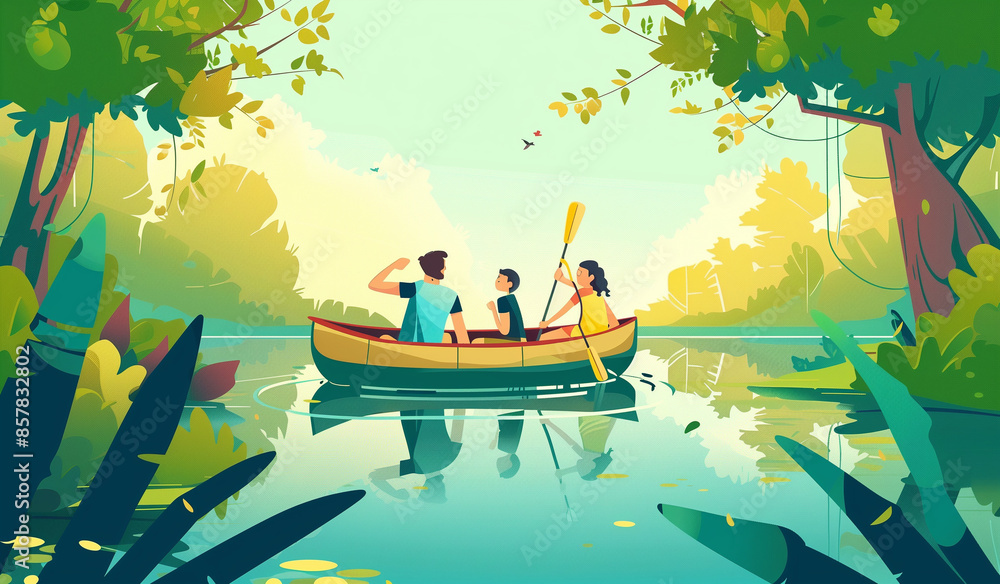 cartoon family boat ride in a swamp forest vector illustration with ...