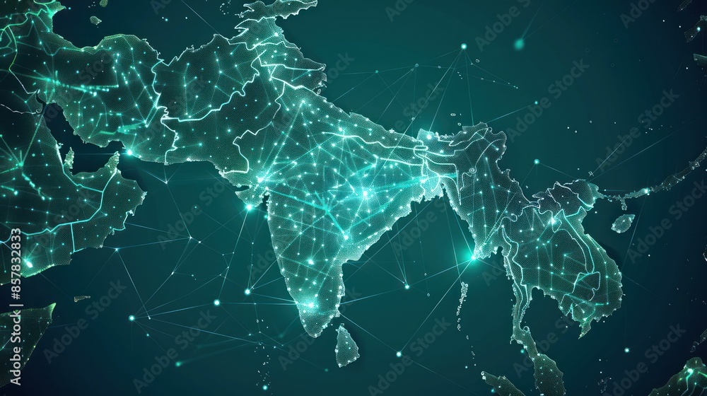 Digital Map of South Asia with Glowing Lines and Connections Stock ...
