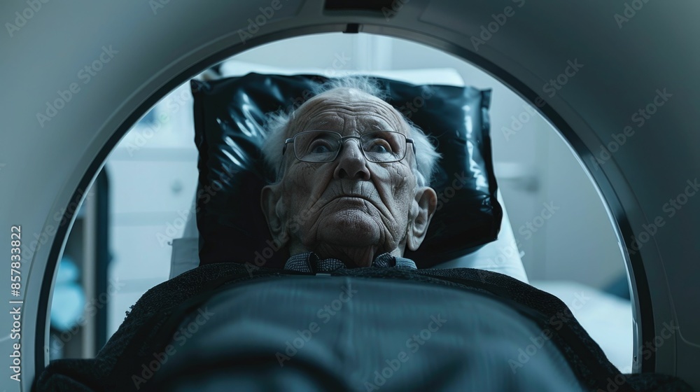 Elderly male patient lying on a CT scan machine in a medical imaging ...