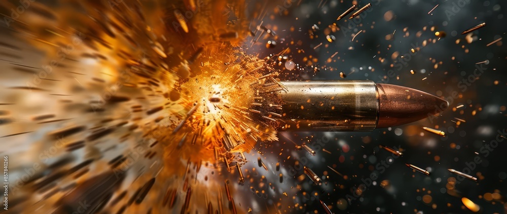 Birds-eye view, dynamic close-up of a bullet casing ejecting from a gun ...