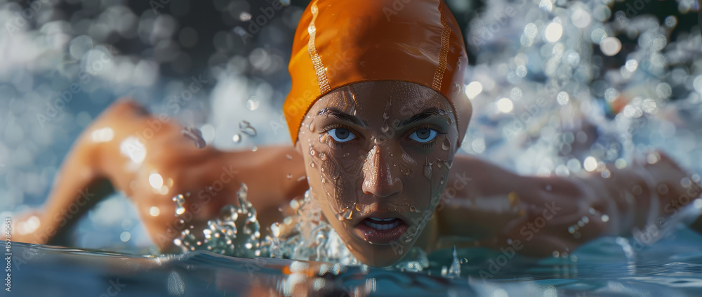 CG 3D render, eye-level angle, synchronized swimmer launching from the ...