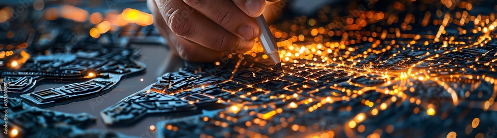 A person is drawing on an intricate map of the city with glowing lights ...