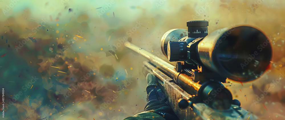 Rear view, precise rifle, aiming at a bullseye, rifle barrel in sharp ...