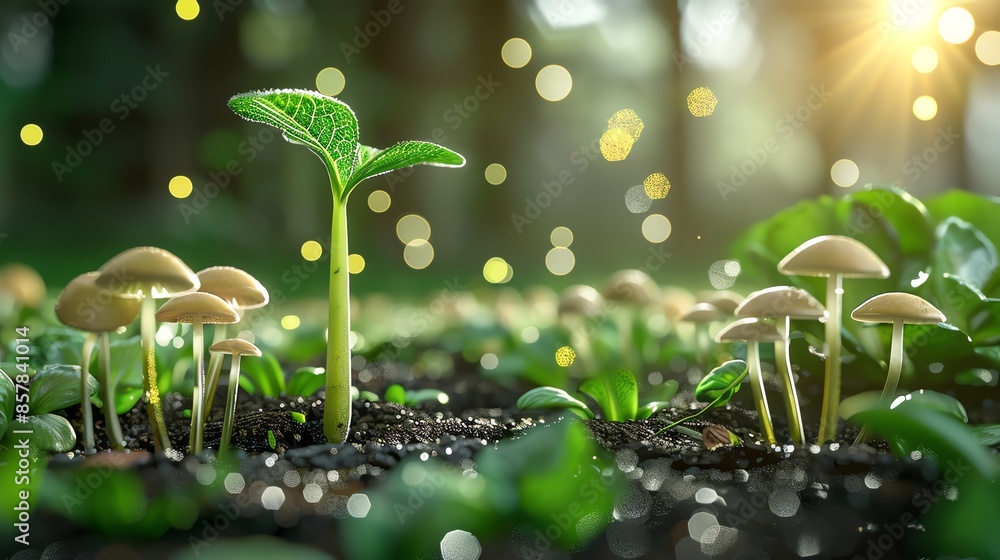 3d render of cute small plant sprout growing in the garden, macro shot ...
