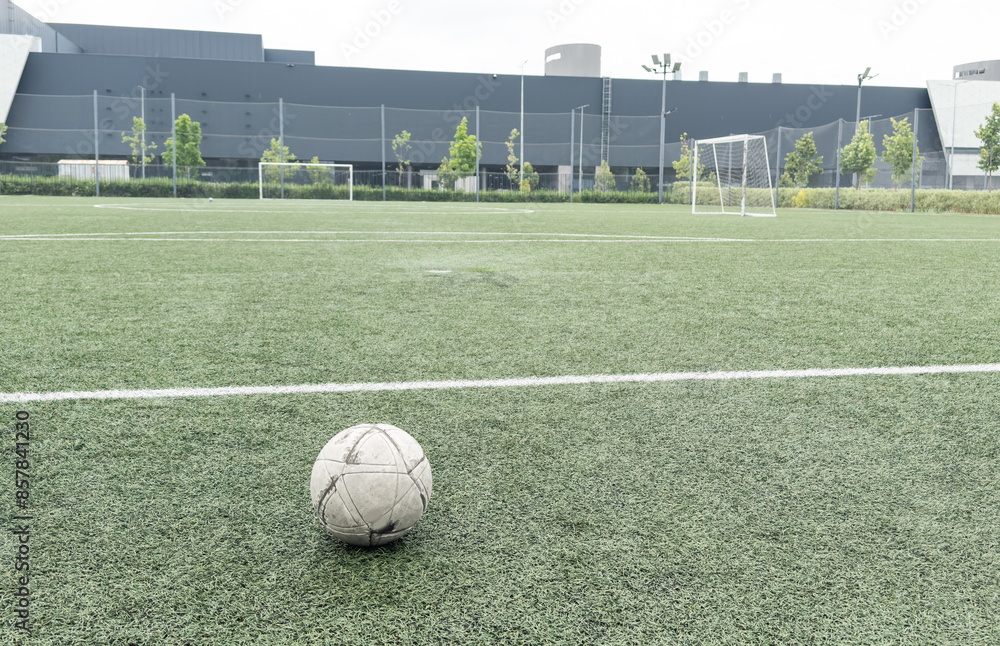 Green grass and white border lines on football ground. Soccer field on ...