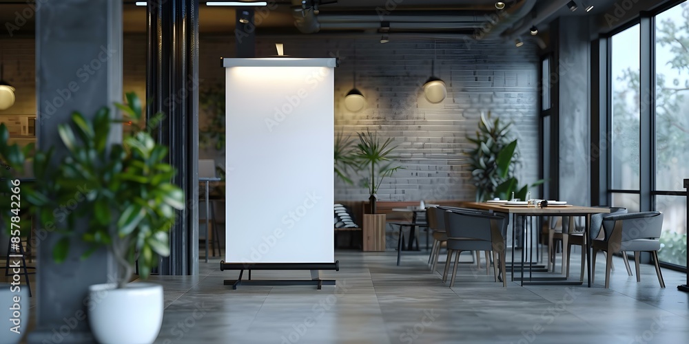 Contemporary white advertising booth with empty vertical pull-up banner ...