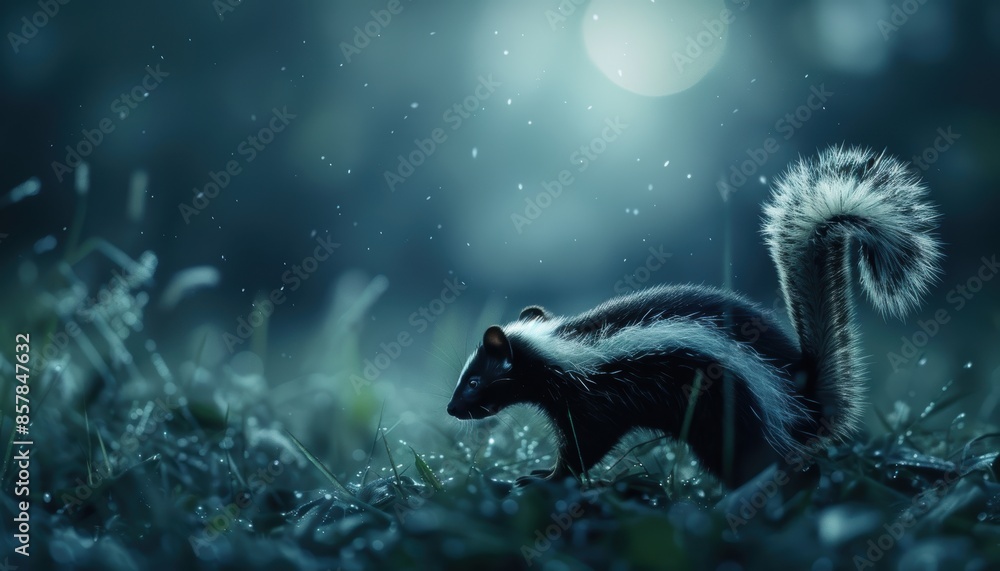 A skunk walking through a field at night under a moonlit sky ...
