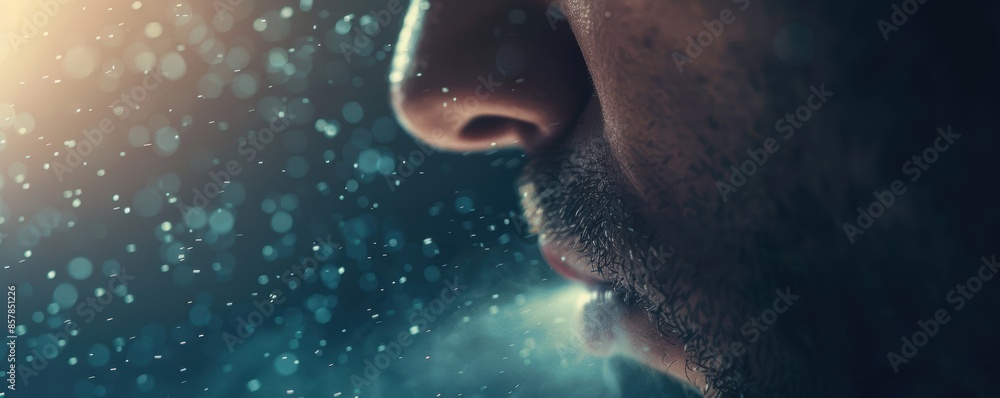 Close-up of a man's face exhaling in cold air, illuminated by light ...