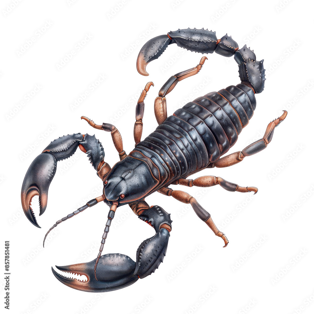 Detailed illustration of a black scorpion with naturalistic colors ...