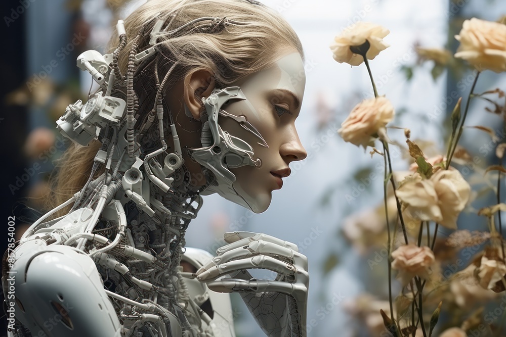 Portrait of a robot woman in human form with mechanisms and complex ...