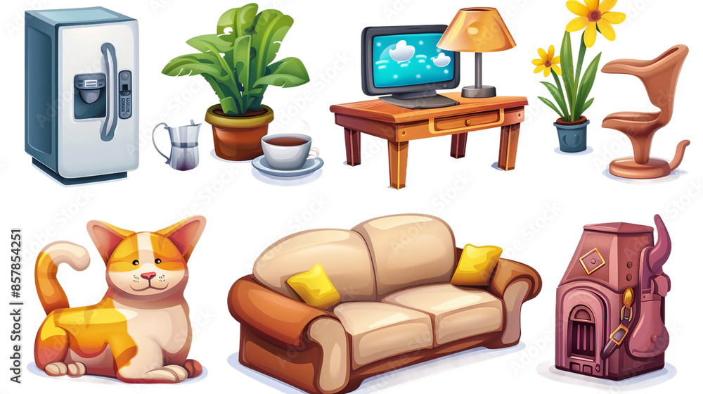 Colorful 3D Cartoon Home Objects and Pets Icon Set for Modern Interior ...