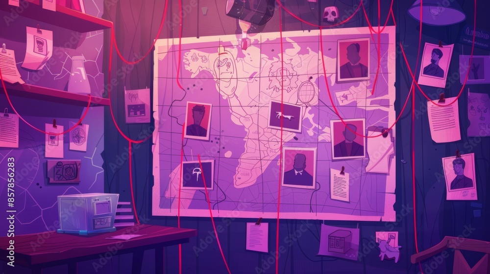 A detective board for a crime investigation with evidence, a police ...